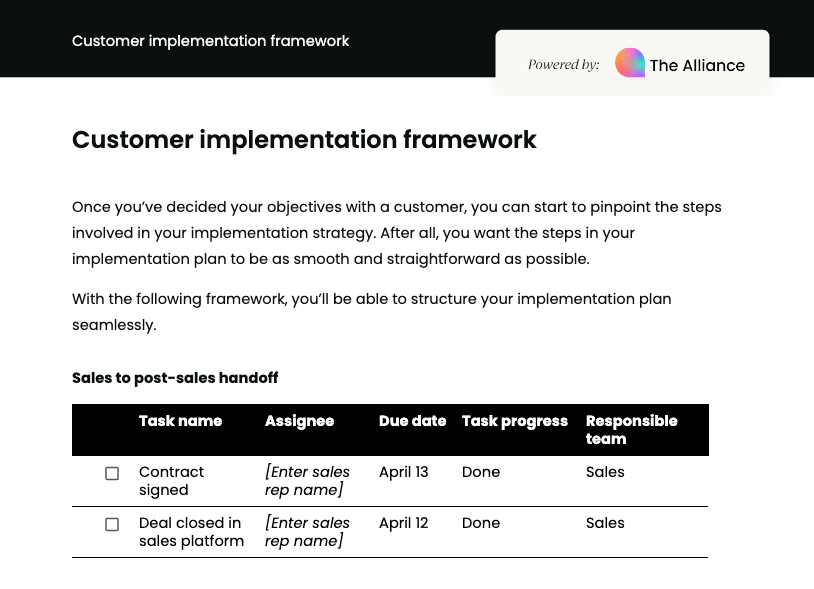 Post-sale customer implementation framework | PDF template